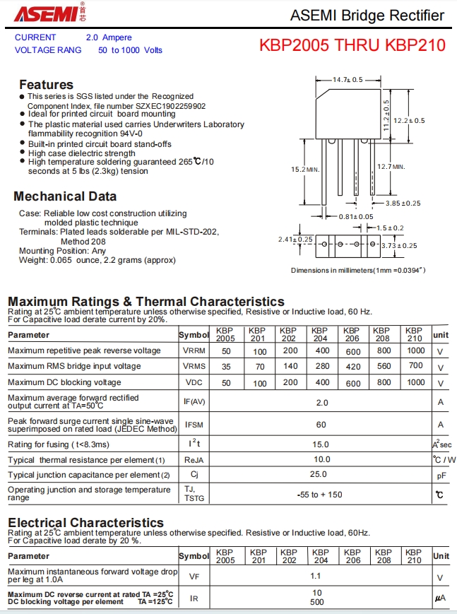 KBP210-ASEMI整流桥KBP210参数、封装、尺寸 - ASEMI首芯 - 博客园