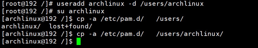 3新建用户archlinux,要求其家目录为/users/archlinux，而后su切换至archlinux用户，复制/etc/pam.d ...